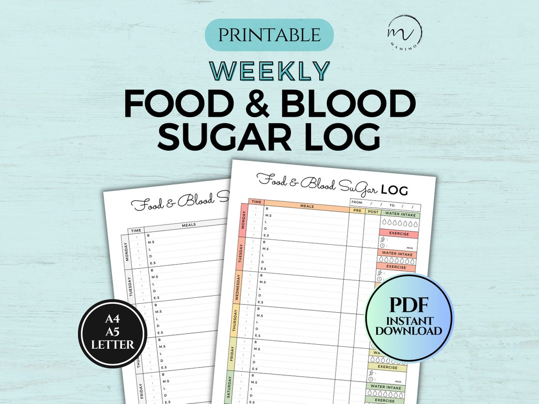 Food & Blood Sugar Log Printable, Weekly Daily Meal Water Intake ...
