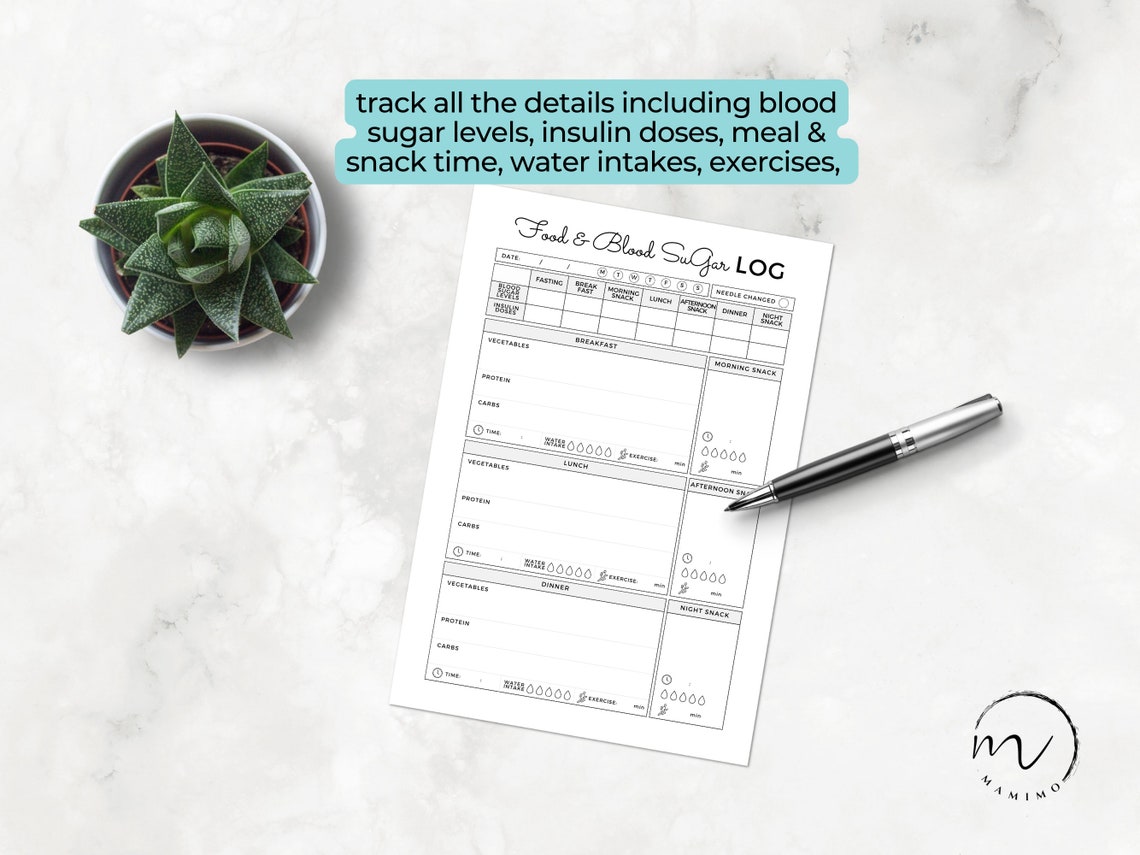 Food & Blood Sugar Log Printable, Daily Meal Water Exercise Insulin ...