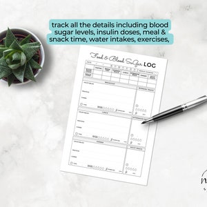 Food & Blood Sugar Log Printable, Daily Meal Water Exercise Insulin ...