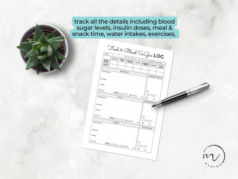 Food & Blood Sugar Log Printable, Daily Meal Water Exercise Insulin ...