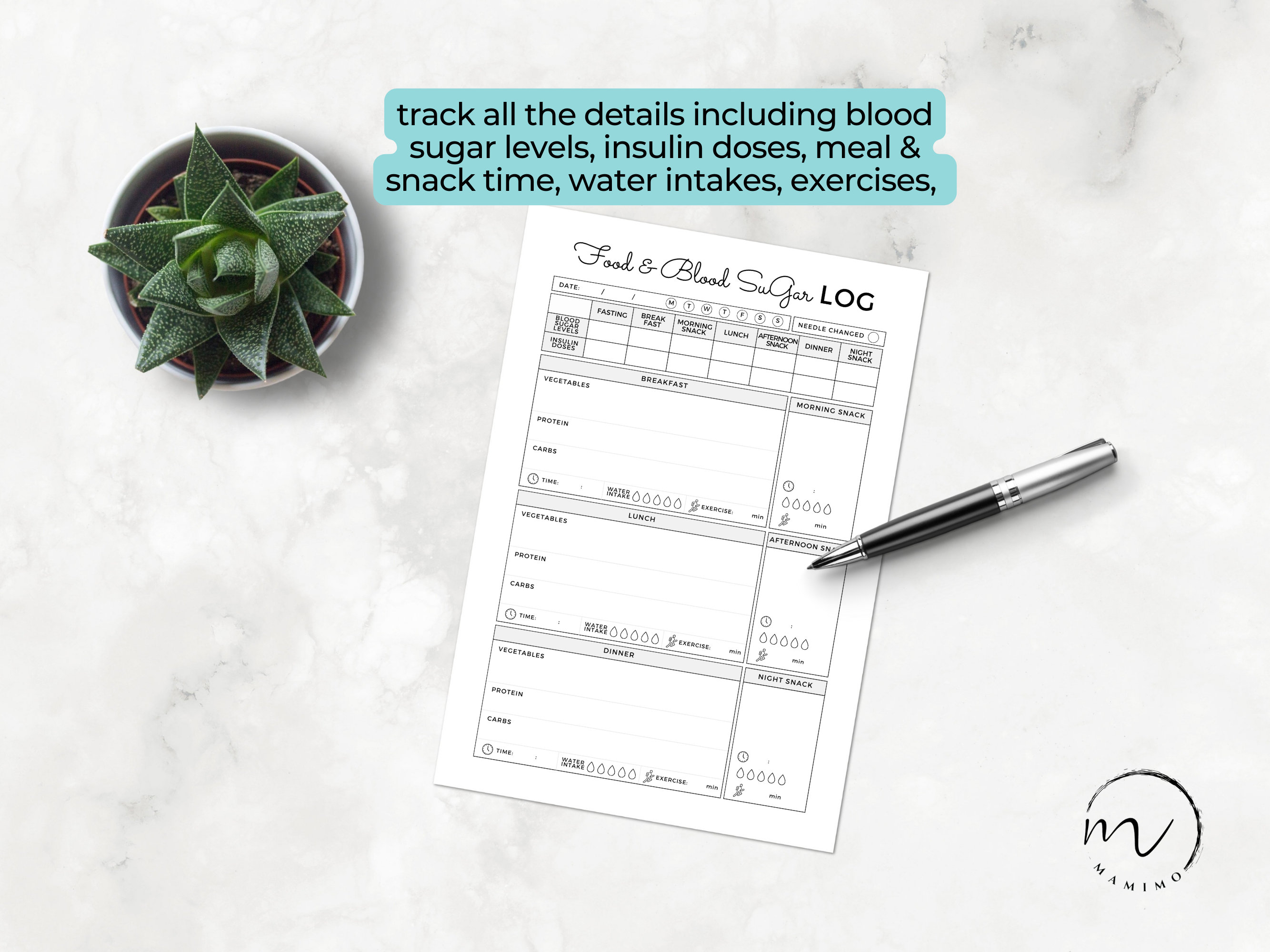 Food & Blood Sugar Log Printable, Daily Meal Water Exercise Insulin ...