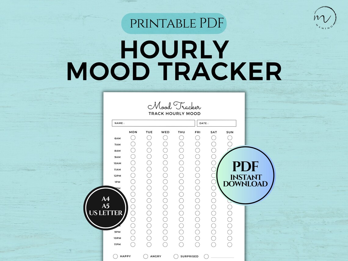 Hourly Mood Tracker Printable, Weekly Daily Mood Tracker, Mental Health ...