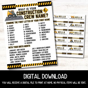 Construction Birthday Party Game: Crew Name Activity (digital Download ...