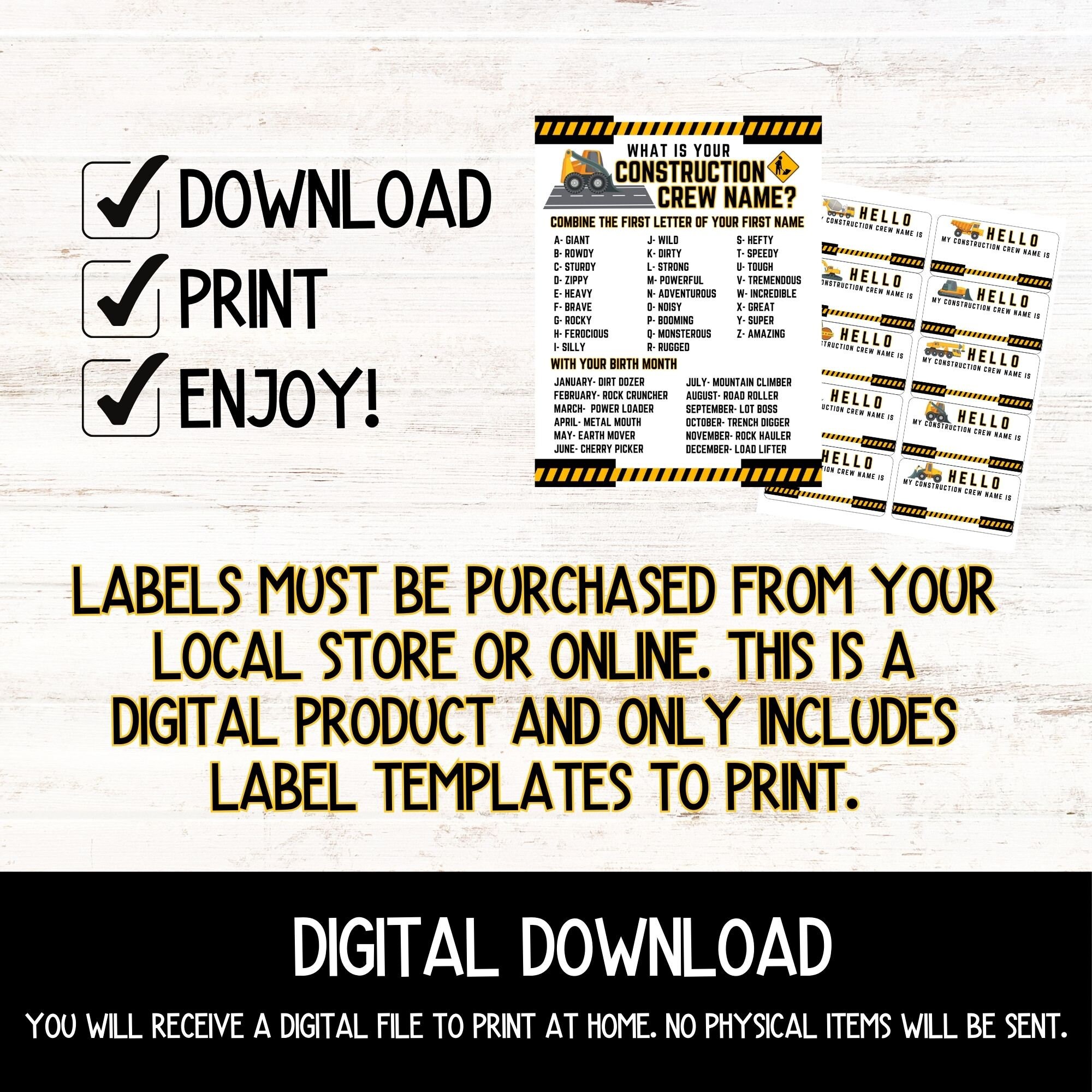 Construction Birthday Party Game: Crew Name Activity (digital Download ...