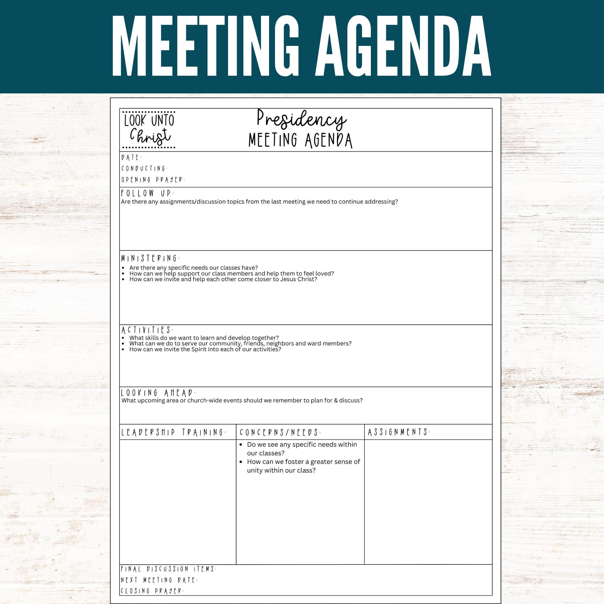LDS Primary Conducting Sheet & Presidency Meeting Agenda (digital ...