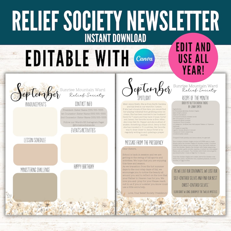 Relief Society Newsletter Template: Floral Editable Design (PDF) - Etsy