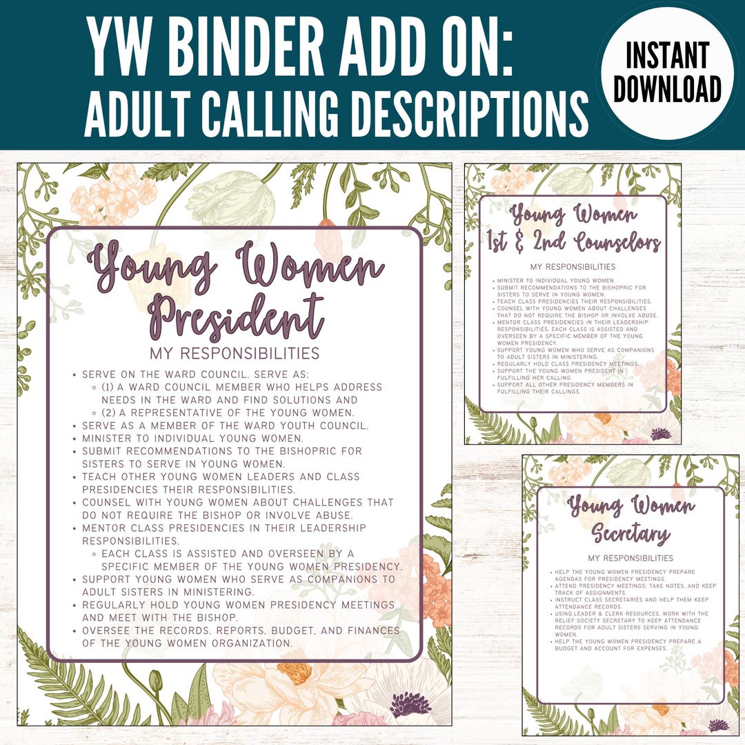 LDS Young Women Adult Calling Descriptions Binder Add-on (PDF Download ...
