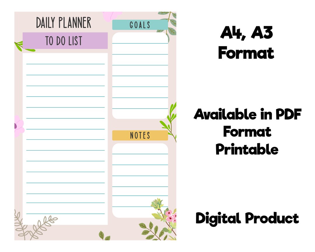 Daily Planner To-do List - A4, A3 Format, Goals, Notes - Productivity ...