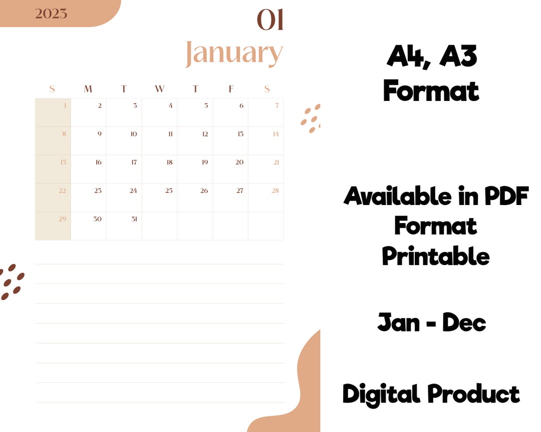 Monthly Planner, All 12 Months - A4, A3 Format, Notes - Productivity ...