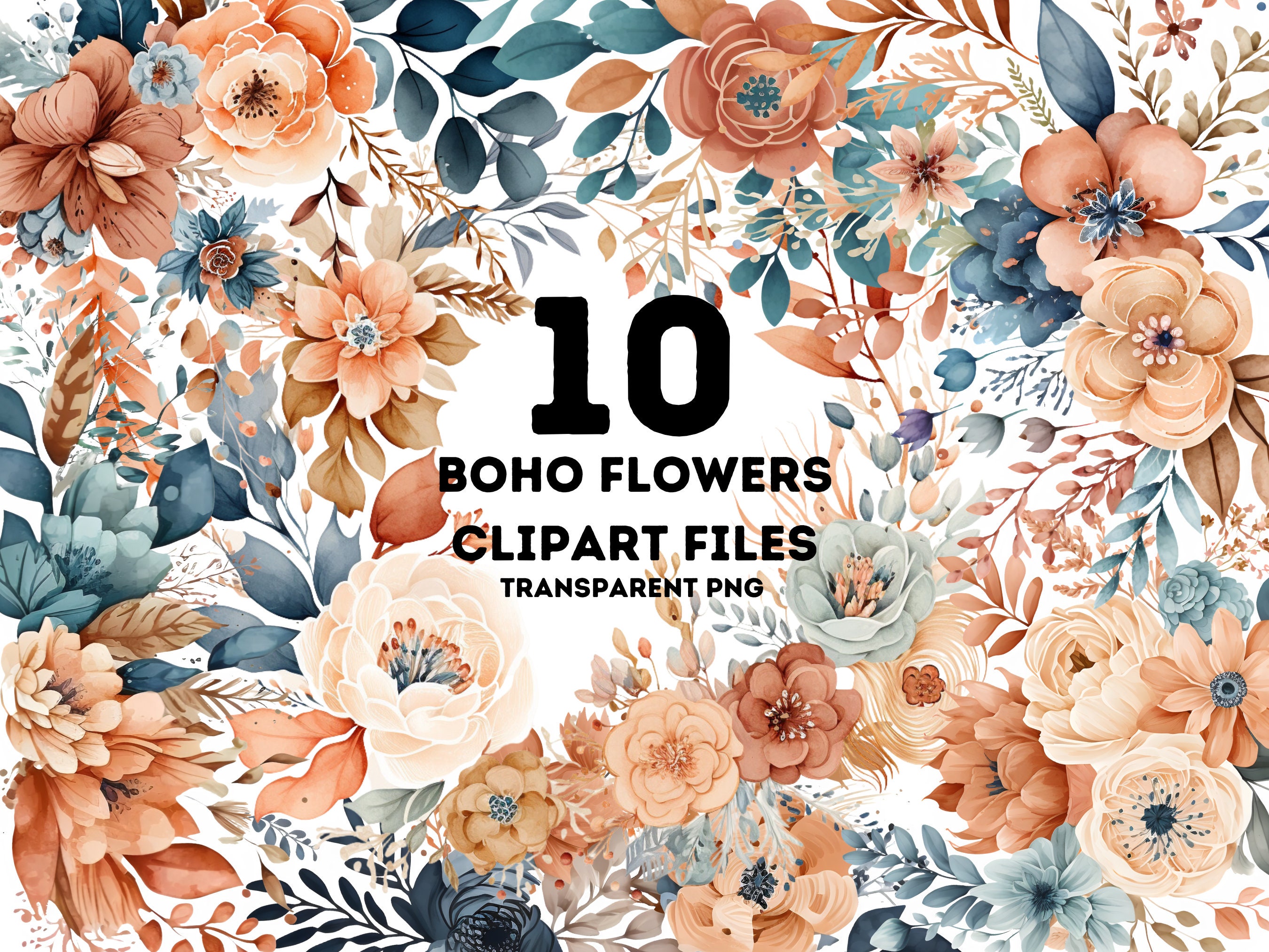 Boho Floral PNG Set Watercolor Clipart for Elegant Spring Weddings ...