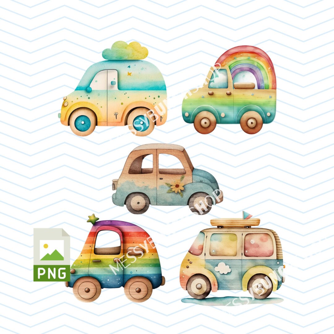 Watercolor Car PNG 5 Pieces, Aquarel Clipart, Nursery Watercolor Cars ...