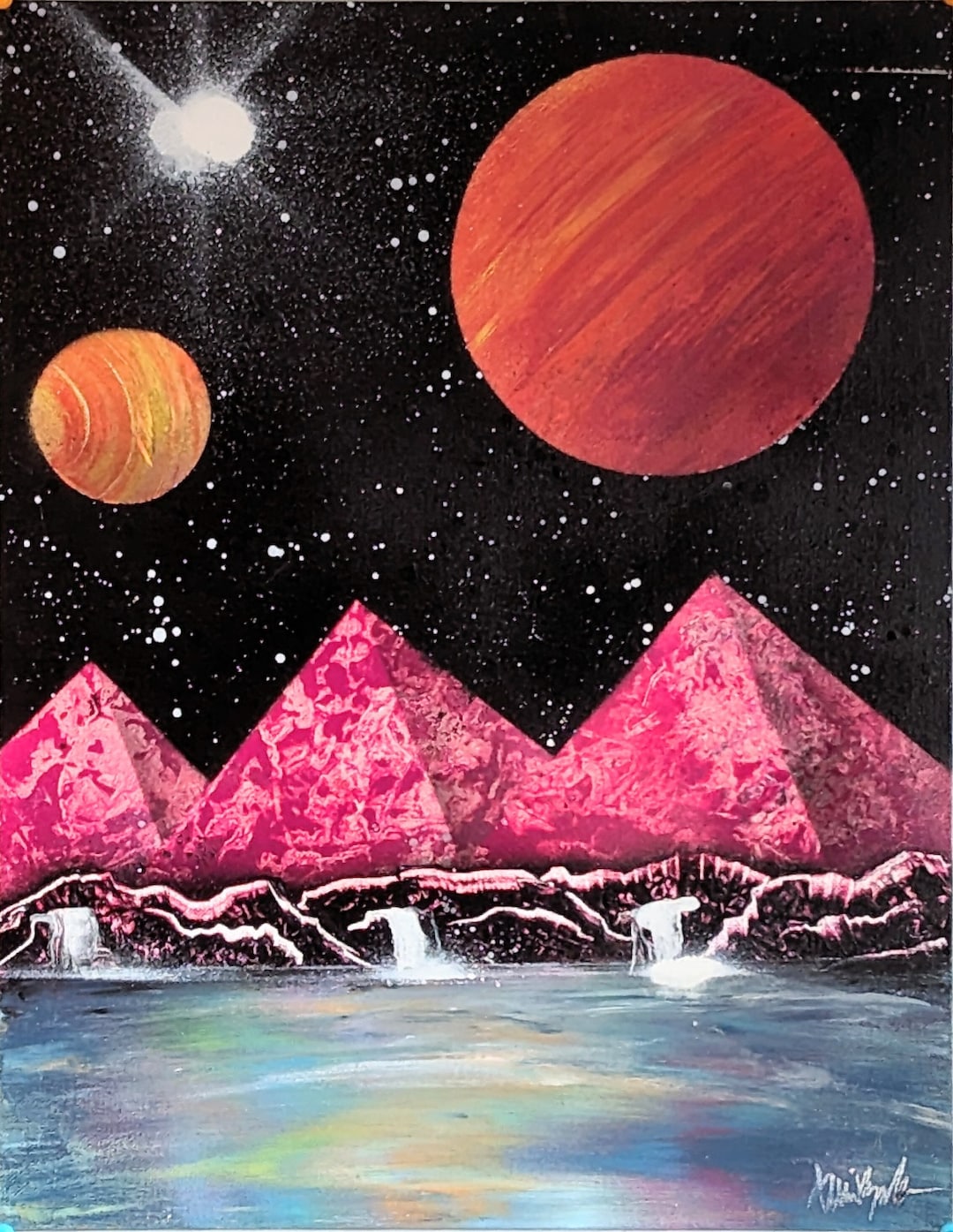 Orange Planets Over Pink Pyramids by a Lake - Original Spray Painting ...