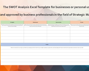 Excel SWOT Analysis Template - Etsy