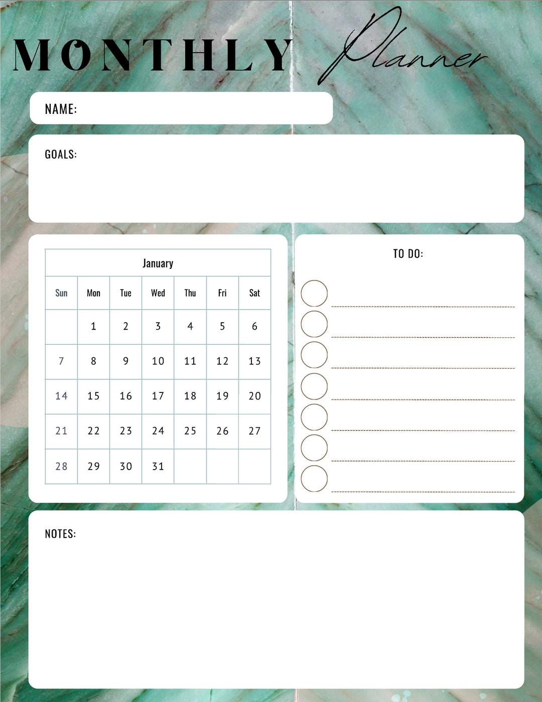 Monthly Planner Printable Green - Etsy