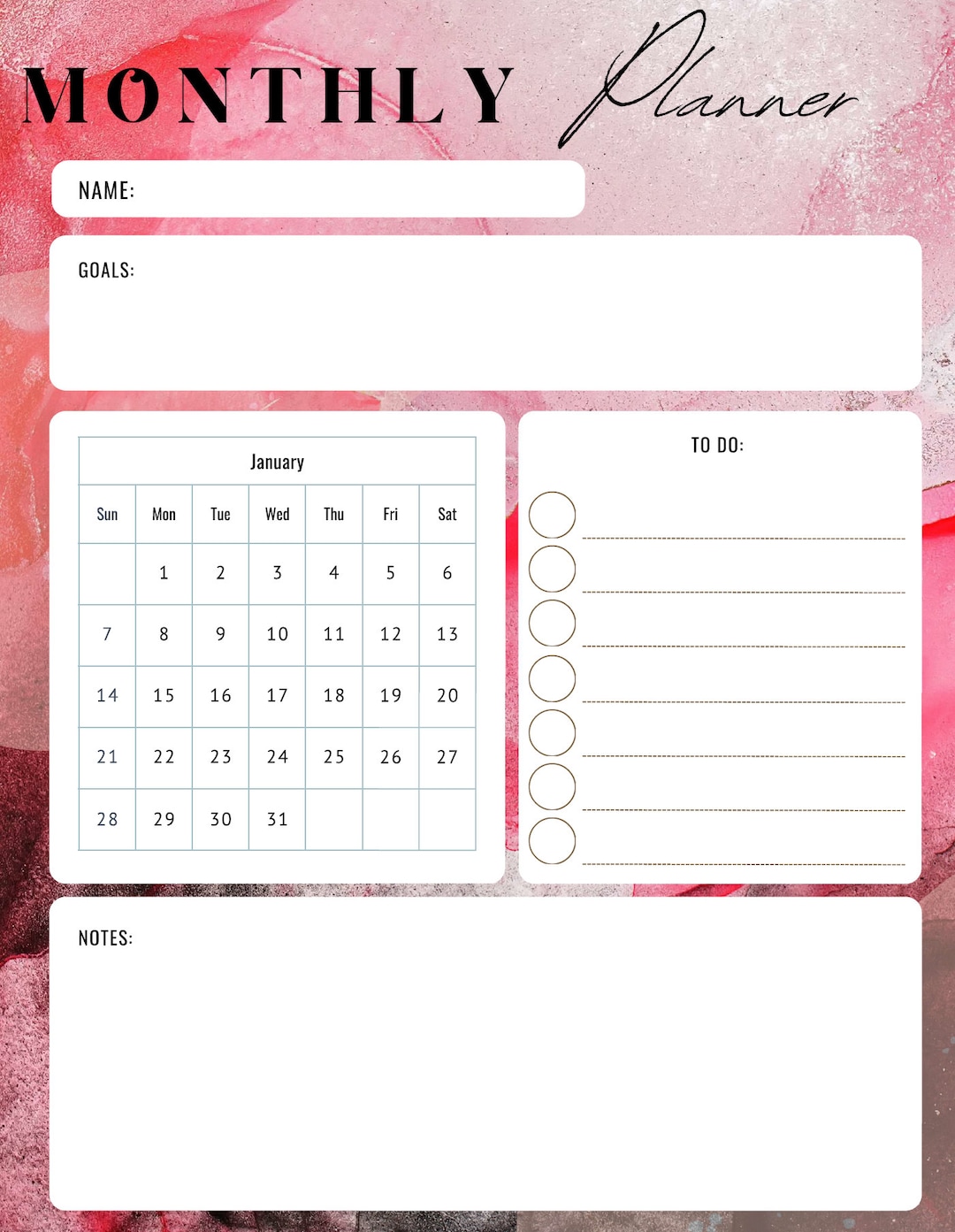 Monthly Planner Printable Red - Etsy
