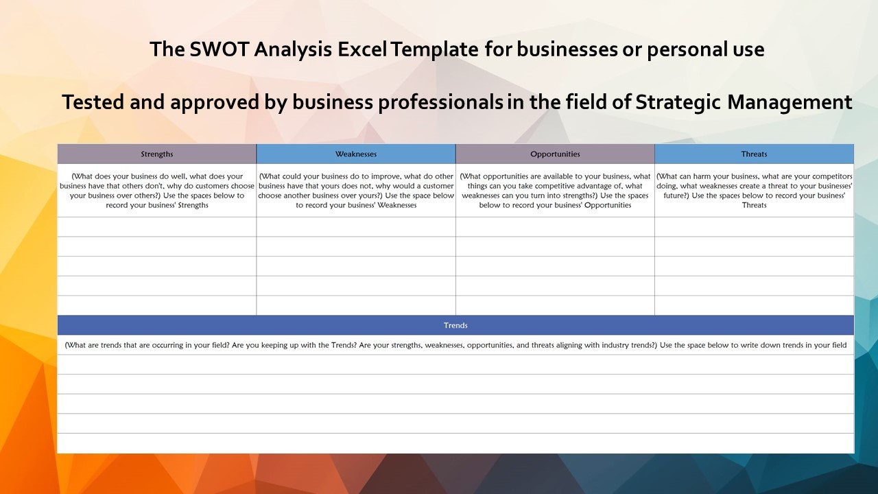 Excel SWOT Analysis Template - Etsy