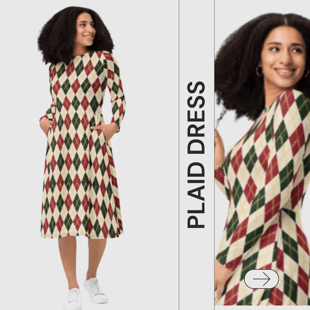 Cream Diamond Plaid Midi Dress , Women's Fashion Plaid Dress for Women ...
