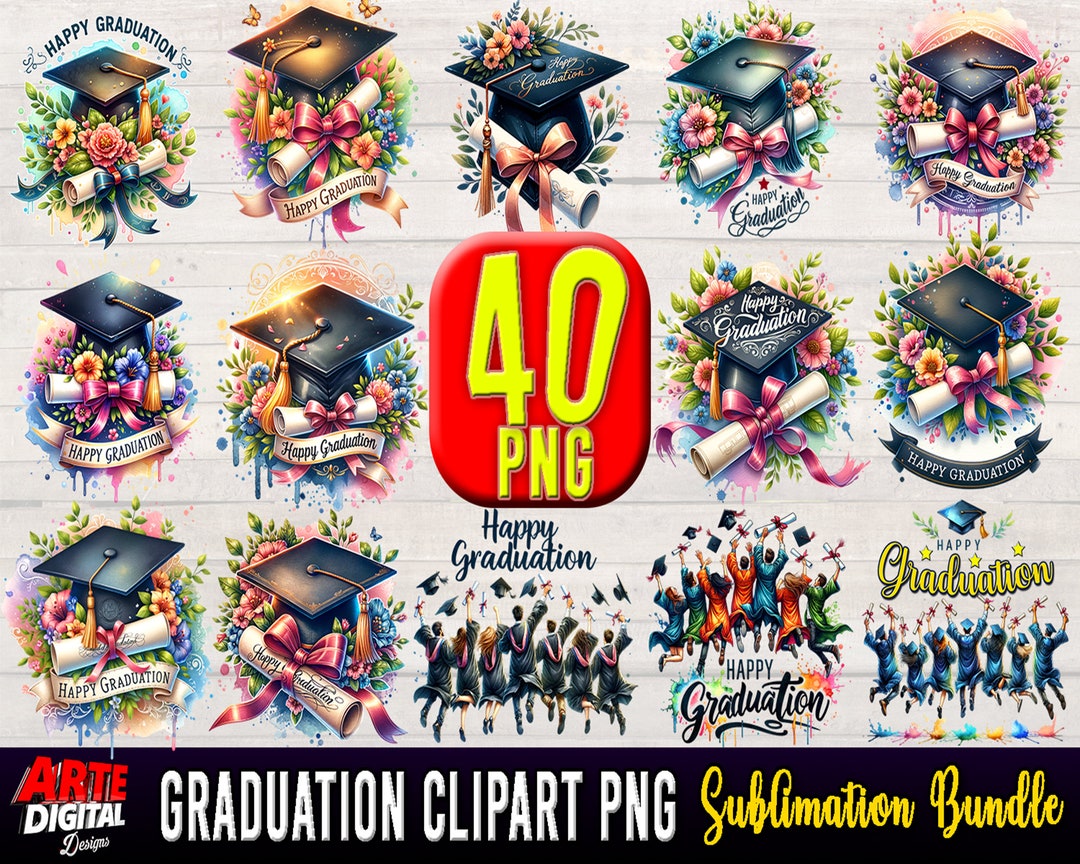 Watercolor Graduation Collection Clipart, 40 PNG Grad Floral Clipart ...