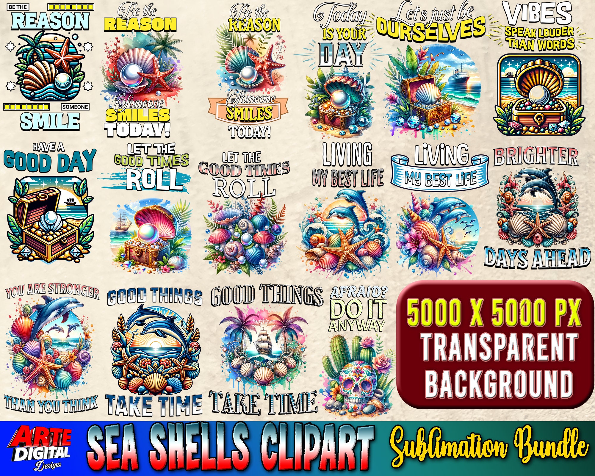 SEA SHELLS 50 Clip Arts 300 Dpi, Sea Anemone, Sea Horse, Bundle ...