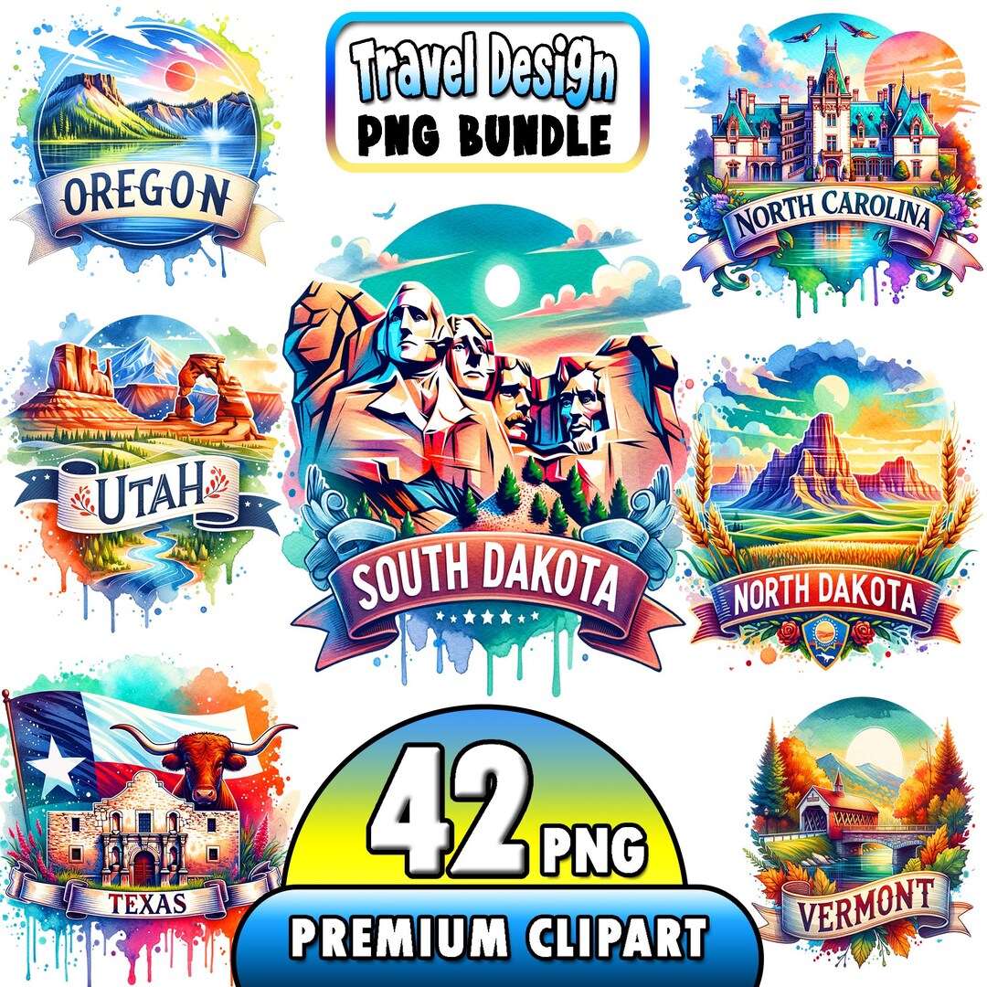 42 Pngs , Retro Travel Design Iconic U.S. States , PNG Bundle I Global ...