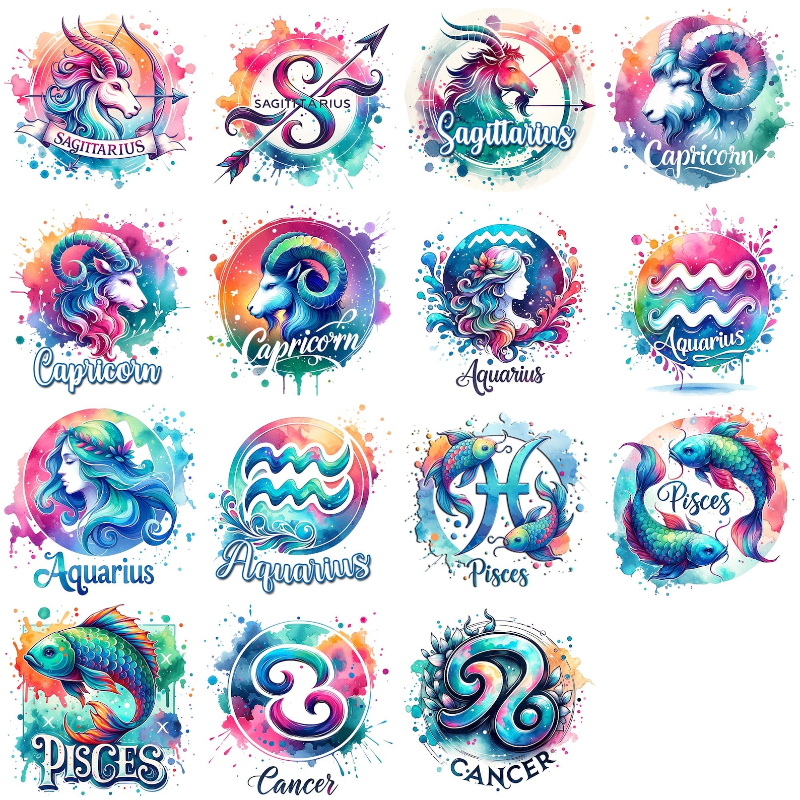 Zodiac Bundle PNG Sublimation Horoscope Design Rainbow Fantasy Galaxy ...