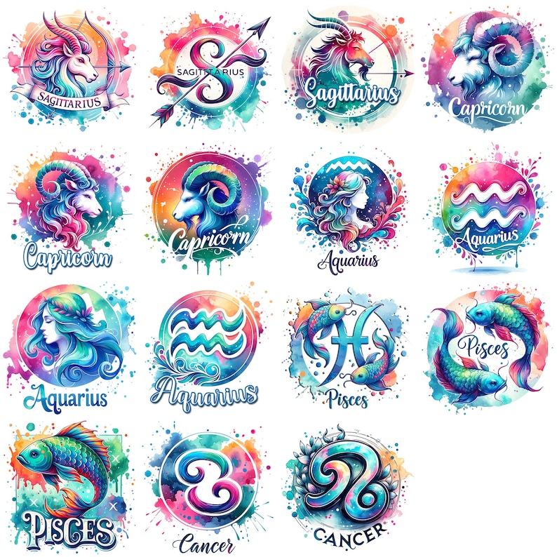 Zodiac Bundle PNG Sublimation Horoscope Design Rainbow Fantasy Galaxy ...