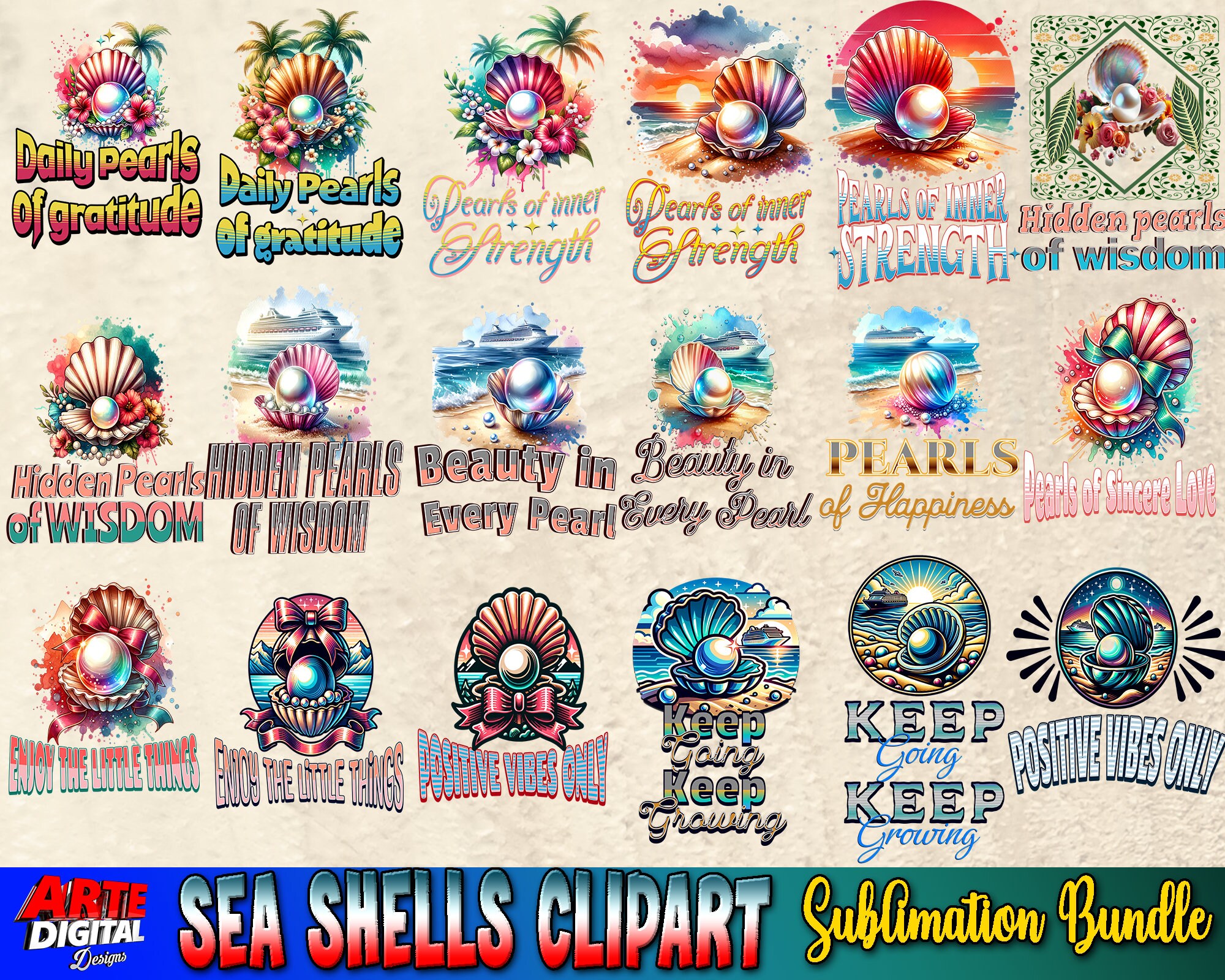 SEA SHELLS 50 Clip Arts 300 Dpi, Sea Anemone, Sea Horse, Bundle ...
