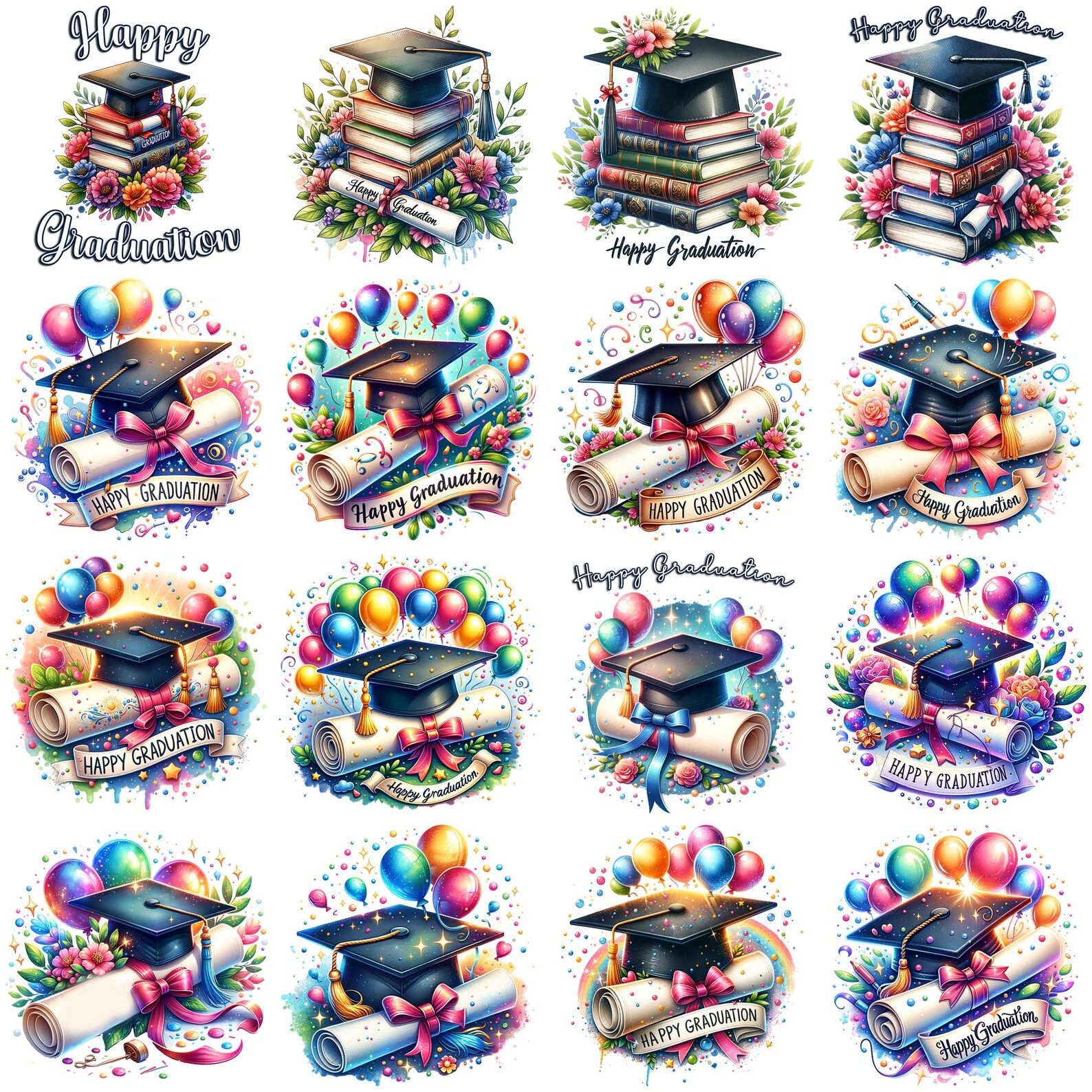 Watercolor Graduation Collection Clipart, 40 PNG Grad Floral Clipart ...