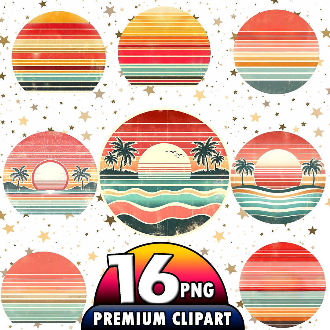 Retro Sunset PNG Bundle, Retro Vintage Sunset PNG Sublimation ...
