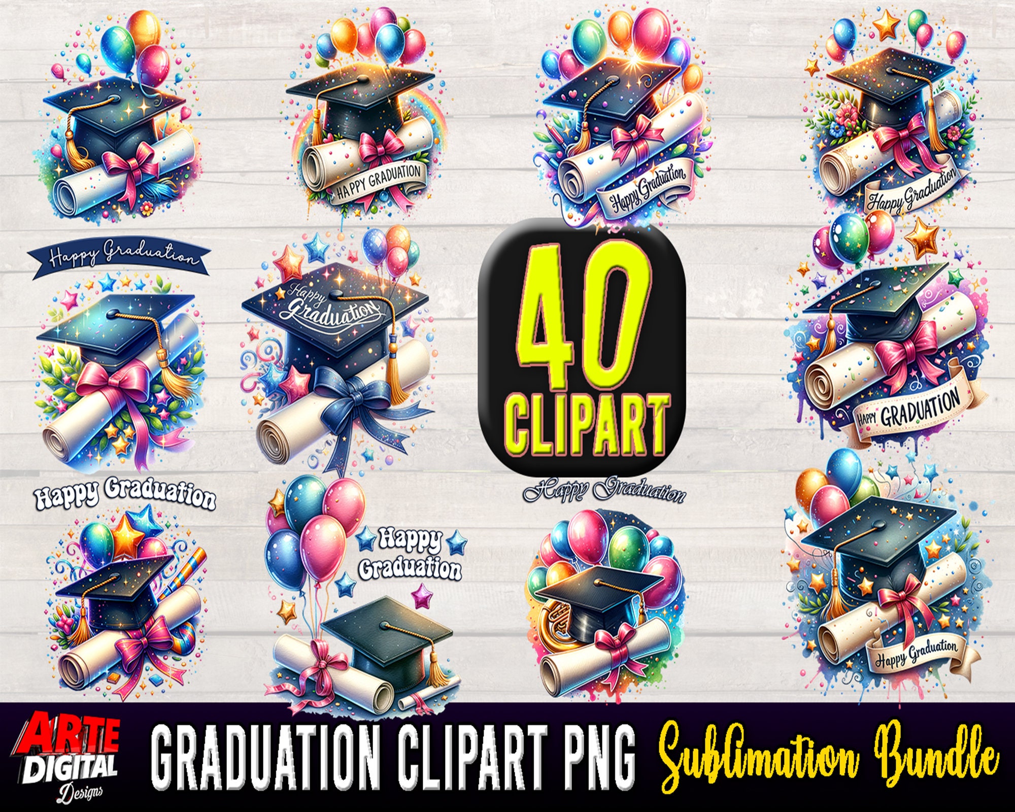Watercolor Graduation Collection Clipart, 40 PNG Grad Floral Clipart ...