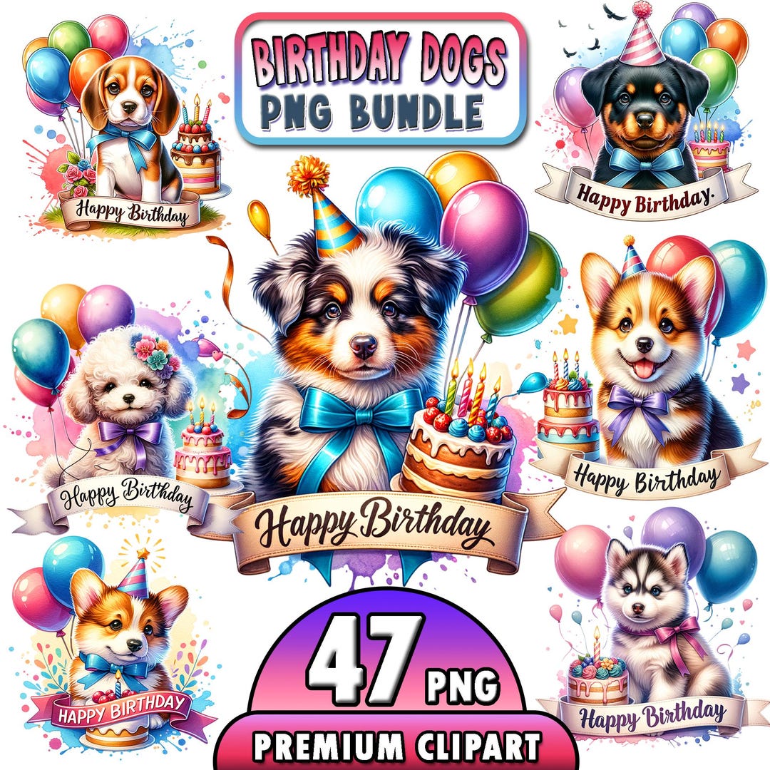 Dogs Clipart Bundle - 47 Birthday Pngs, Watercolor Birthday Clipart ...