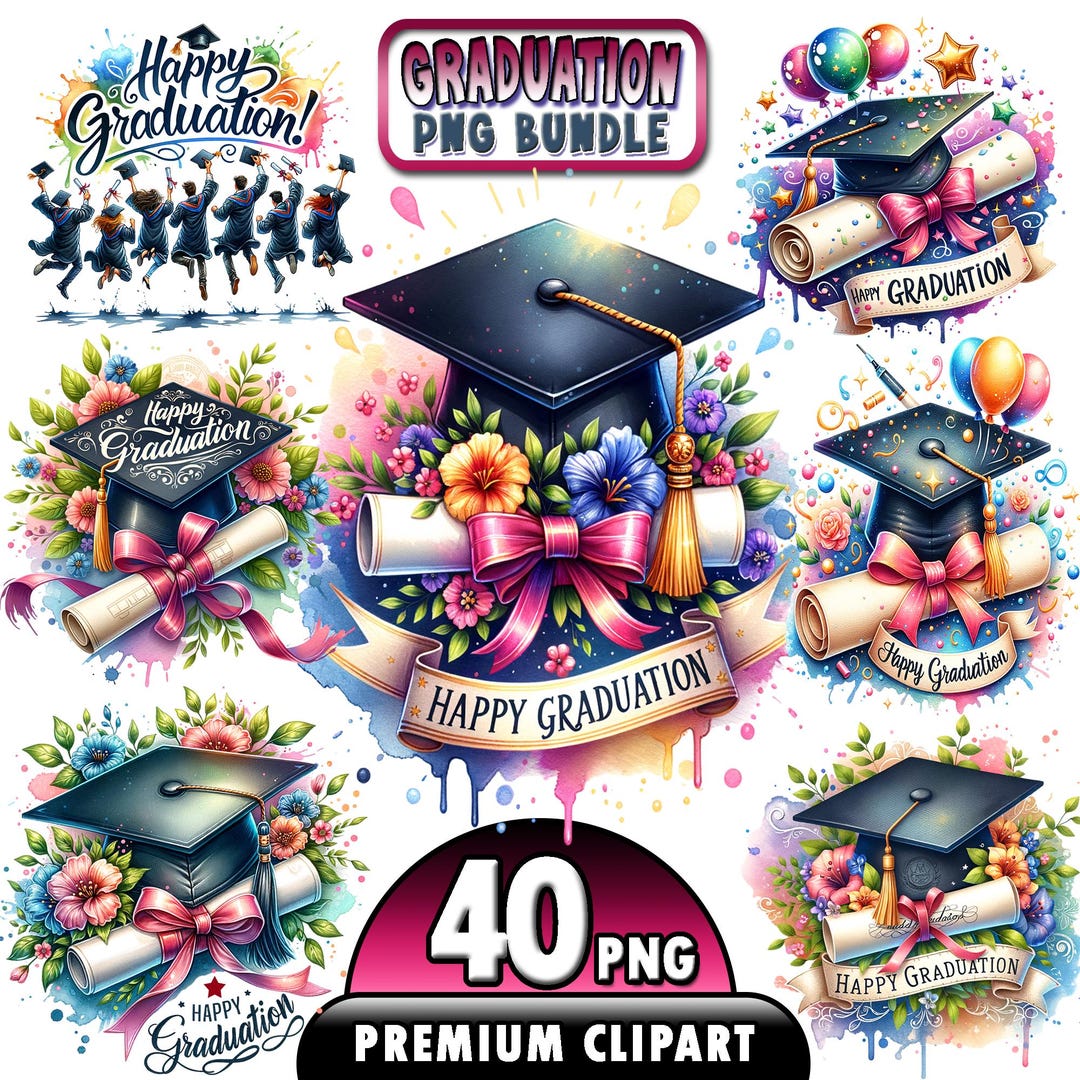 Watercolor Graduation Collection Clipart, 40 PNG Grad Floral Clipart ...