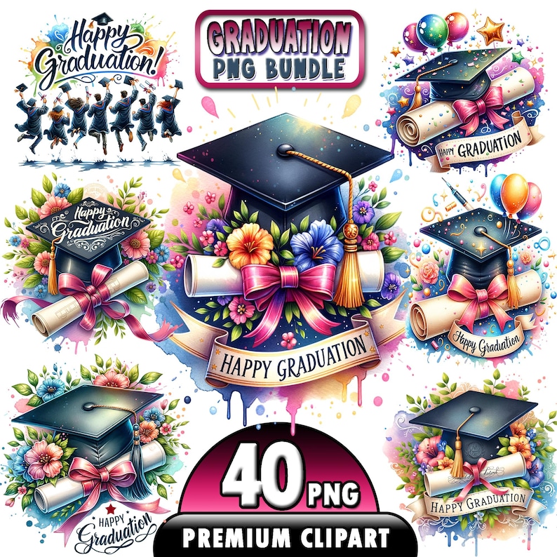 Watercolor Graduation Collection Clipart, 40 PNG Grad Floral Clipart ...