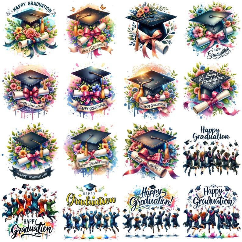 Watercolor Graduation Collection Clipart, 40 PNG Grad Floral Clipart ...