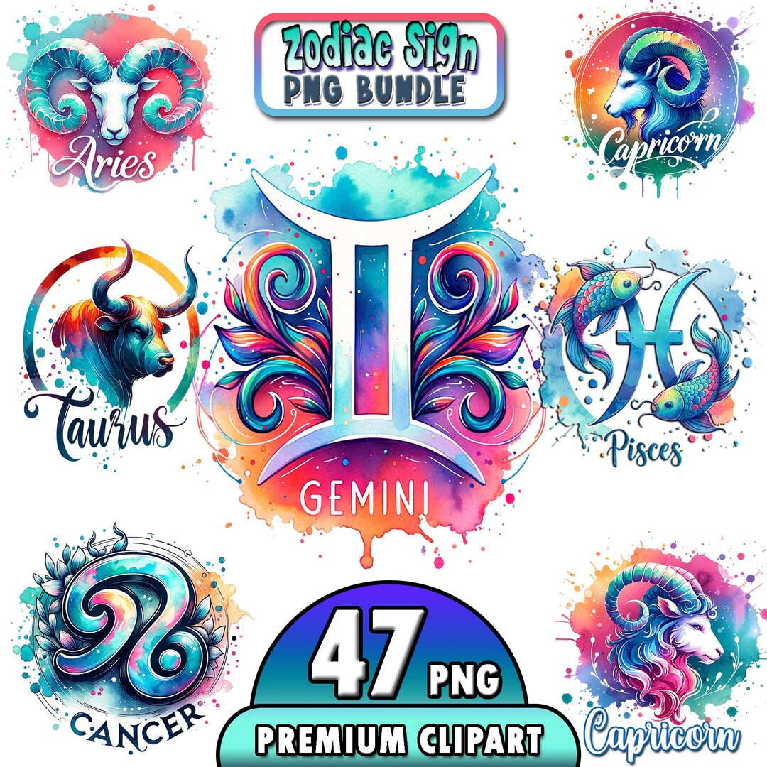 Zodiac Bundle PNG Sublimation Horoscope Design Rainbow Fantasy Galaxy ...