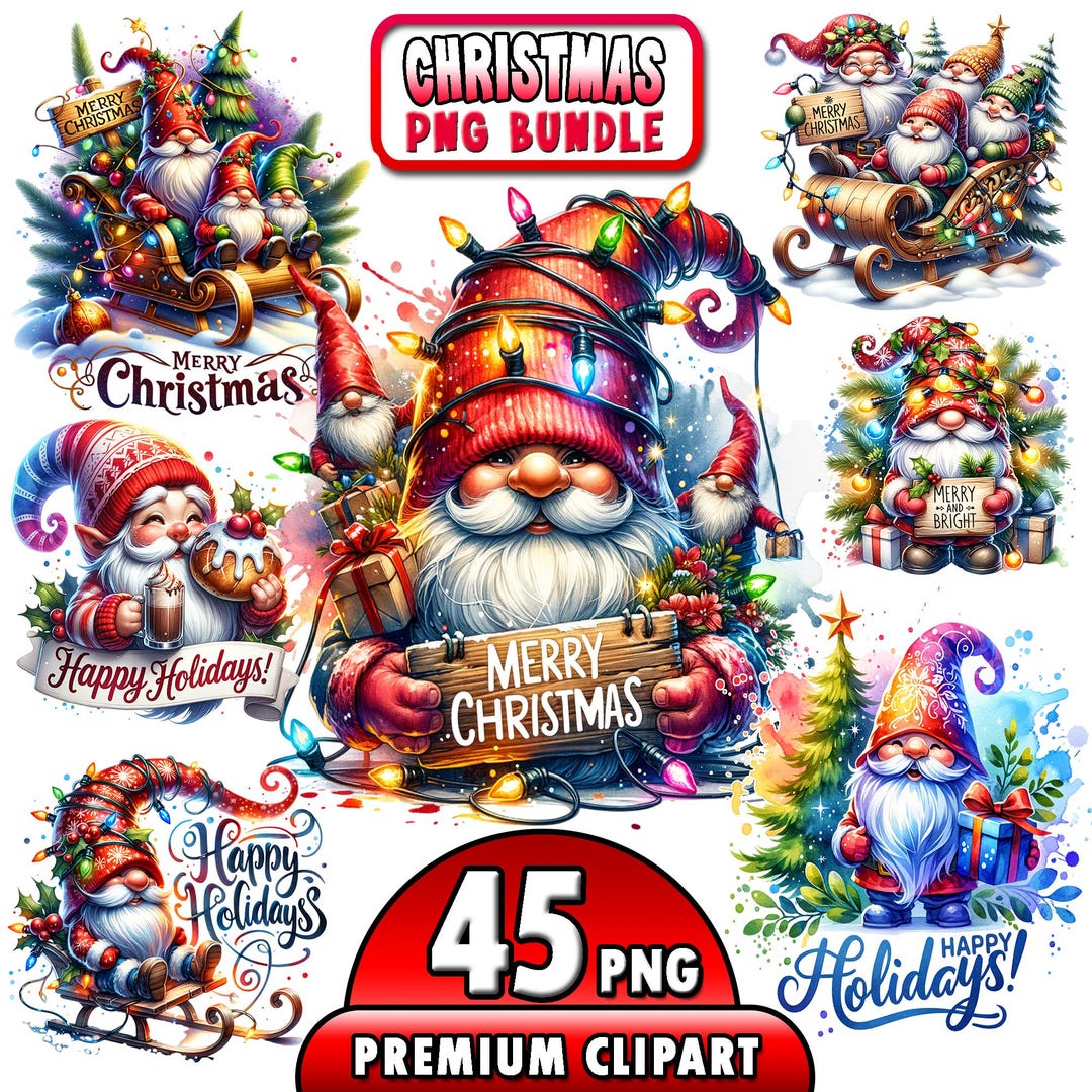 Watercolor Festive Gnomes Collection Clipart, 45 PNG Christmas Gnomes ...