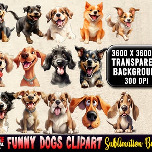 Funny Dog Clipart Bundle - Cute and Quirky Dogs, Watercolor Graphics ...