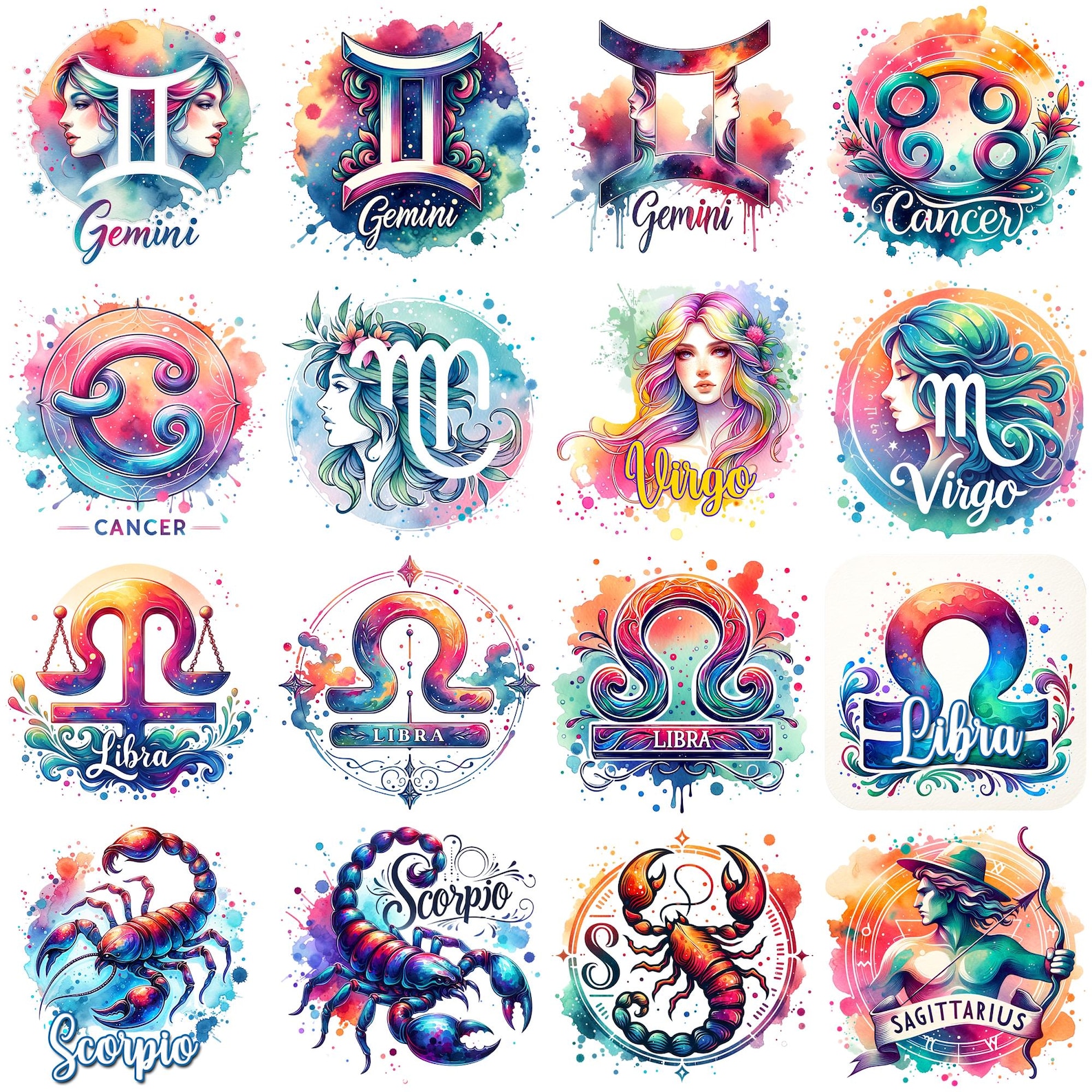 Zodiac Bundle PNG Sublimation Horoscope Design Rainbow Fantasy Galaxy ...