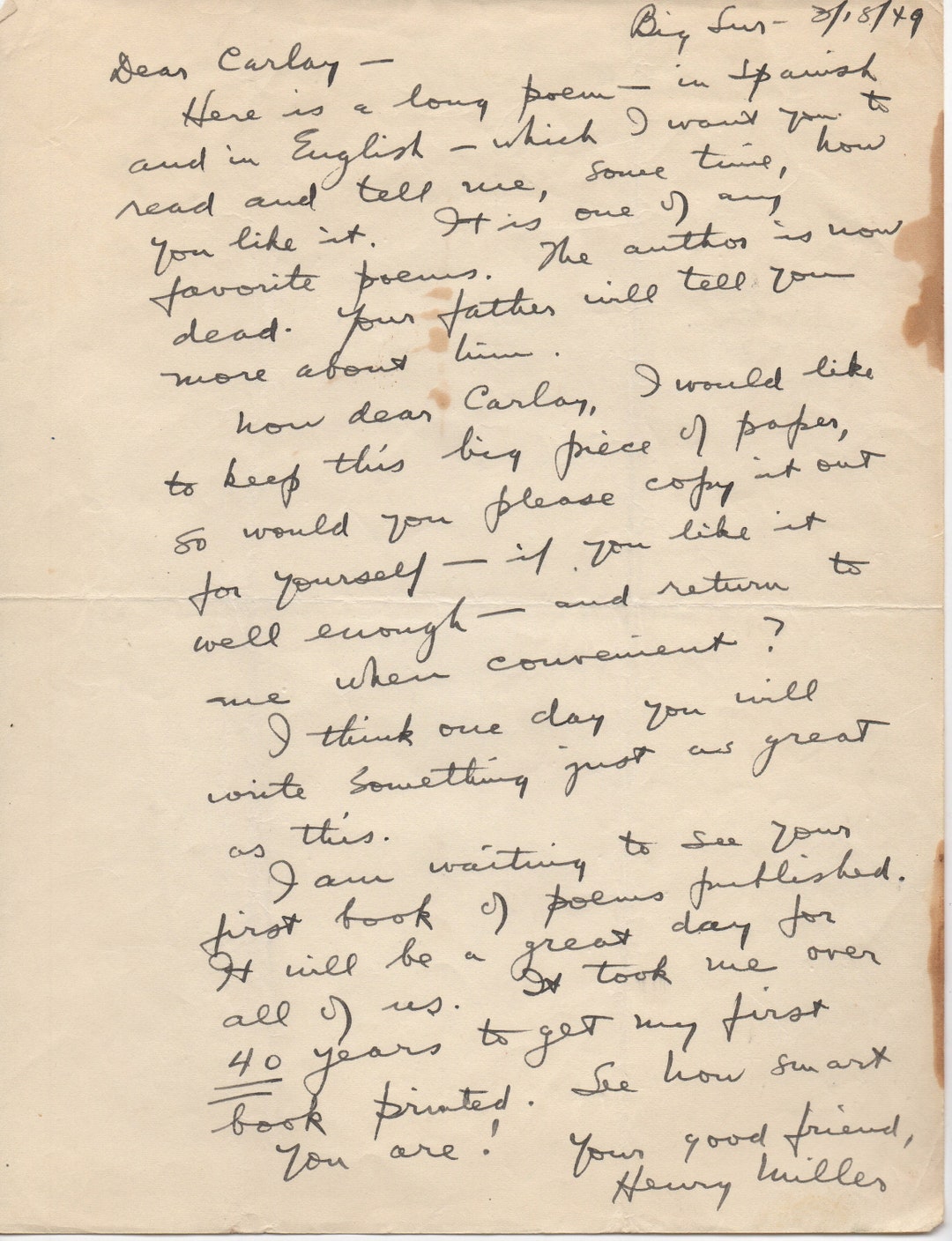 Henry Miller Signed Letter, Handwritten, Big Sur 1949 - Etsy