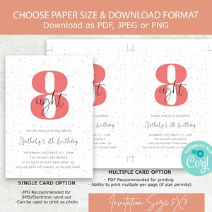 Editable Pink 8th Birthday Invitation Template, 8th Birthday Invitation ...