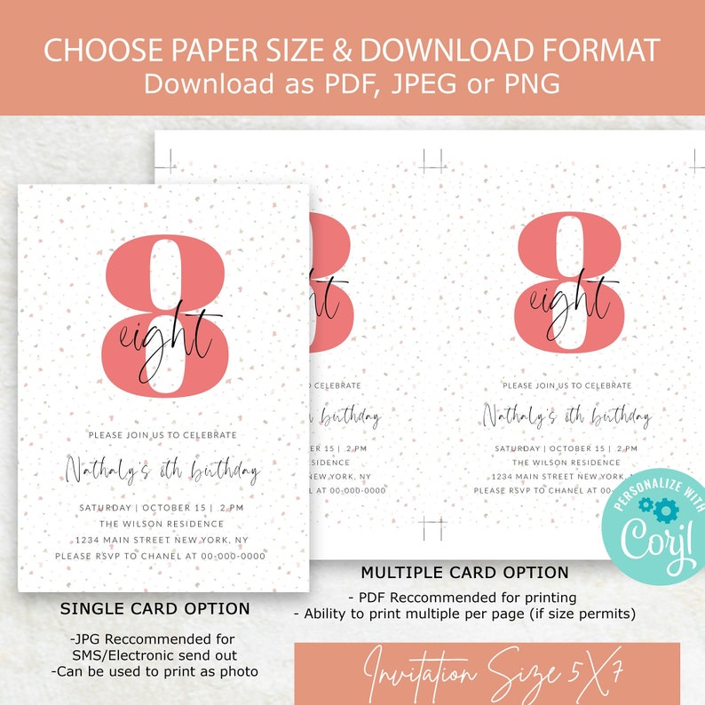 Editable Pink 8th Birthday Invitation Template, 8th Birthday Invitation ...