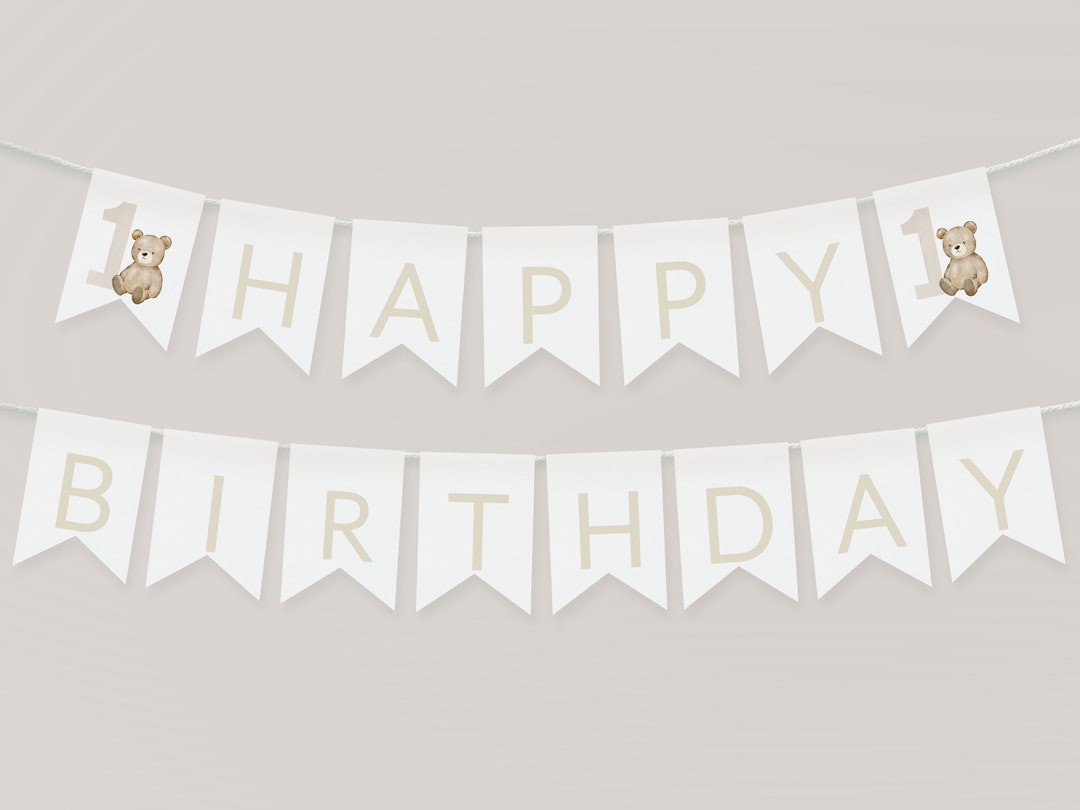 Happy Birthday Banner Printable, Happy 1st Birthday Banner, Teddy Bear ...