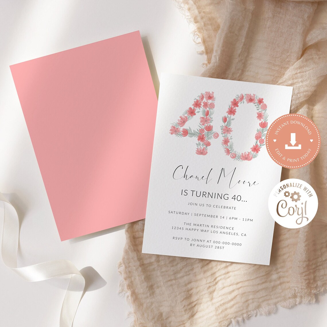 Digital Forty Birthday Invitation Template, 40th Birthday Invitation ...