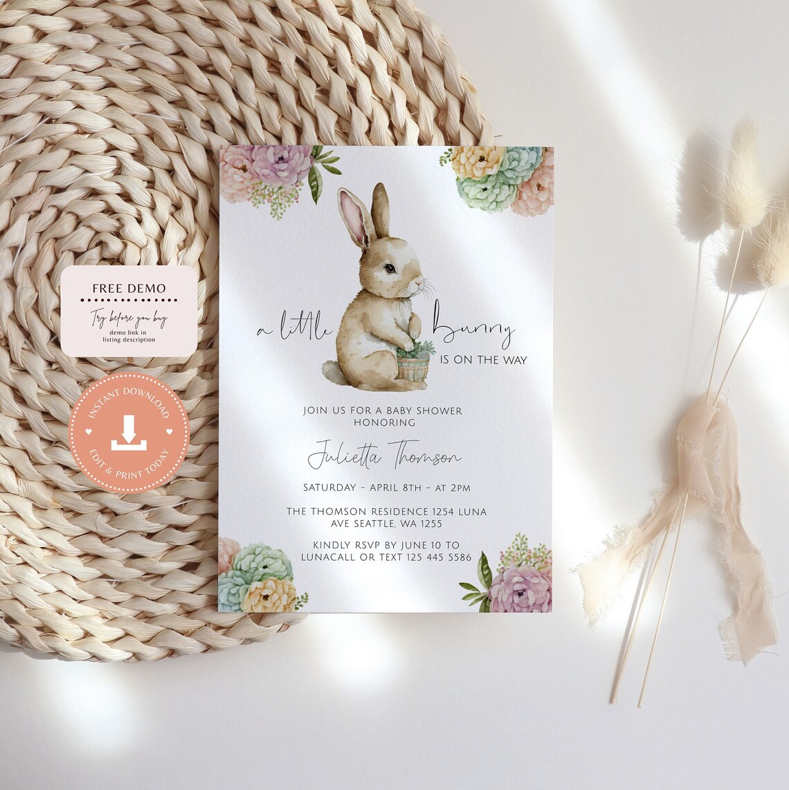 Rabbit Baby Shower A Little Bunny Rabbit Invitation Boho - Etsy