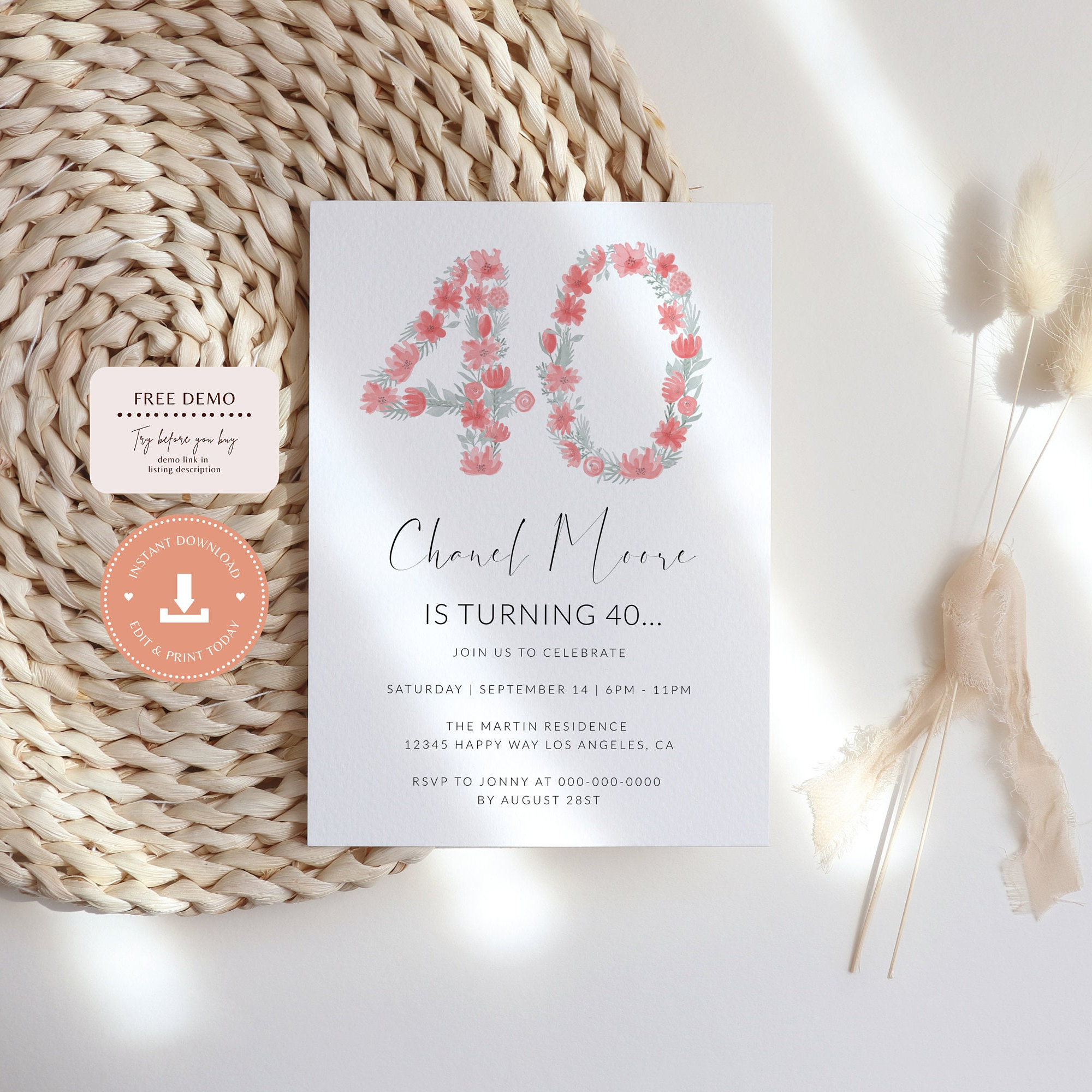 Digital Forty Birthday Invitation Template, 40th Birthday Invitation ...