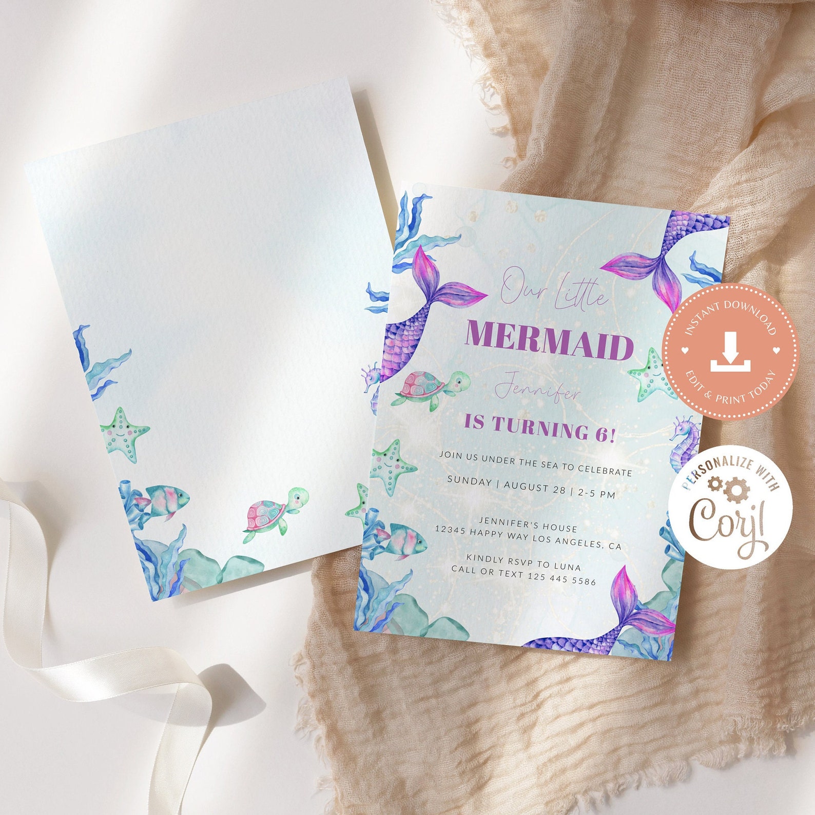 Editable Mermaid Birthday Invitation, Mermaid Invite, Kids Invitation ...