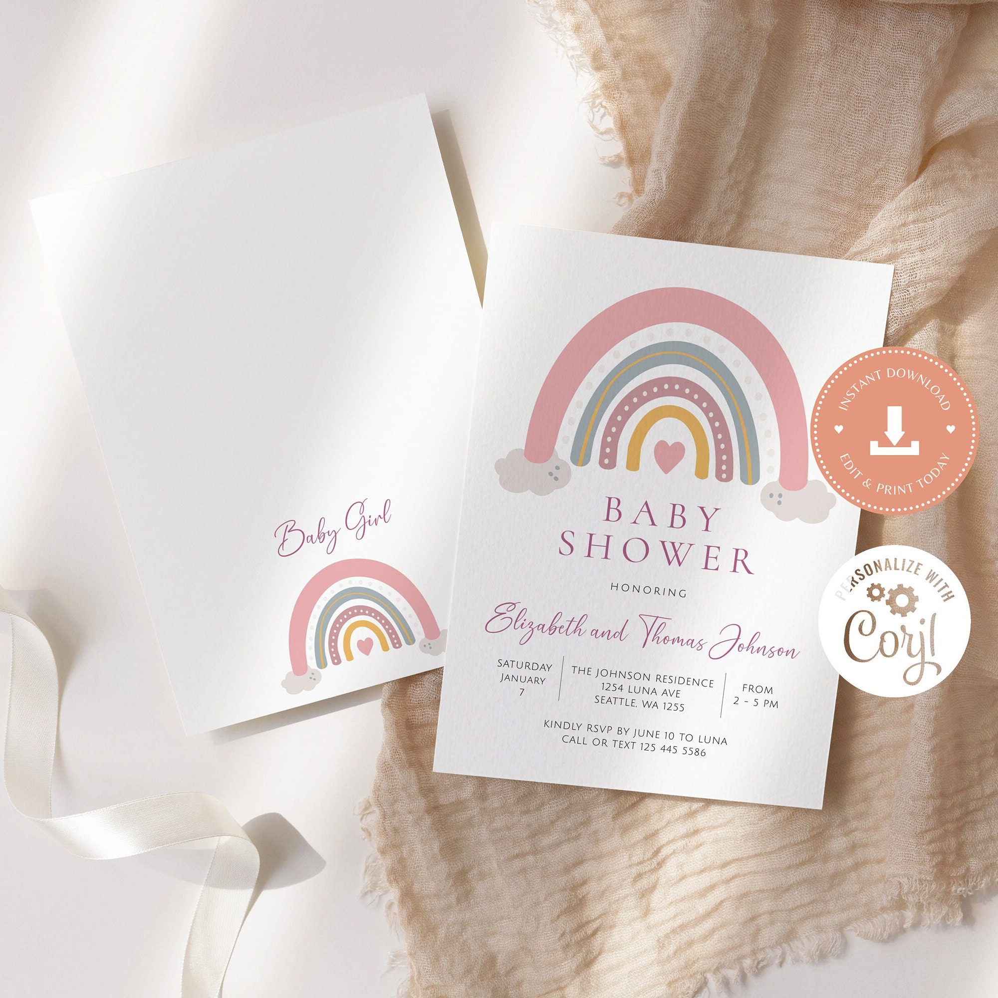 Rainbow Baby Shower Invitation Bundle, Boho Rainbow Baby Shower Invite ...