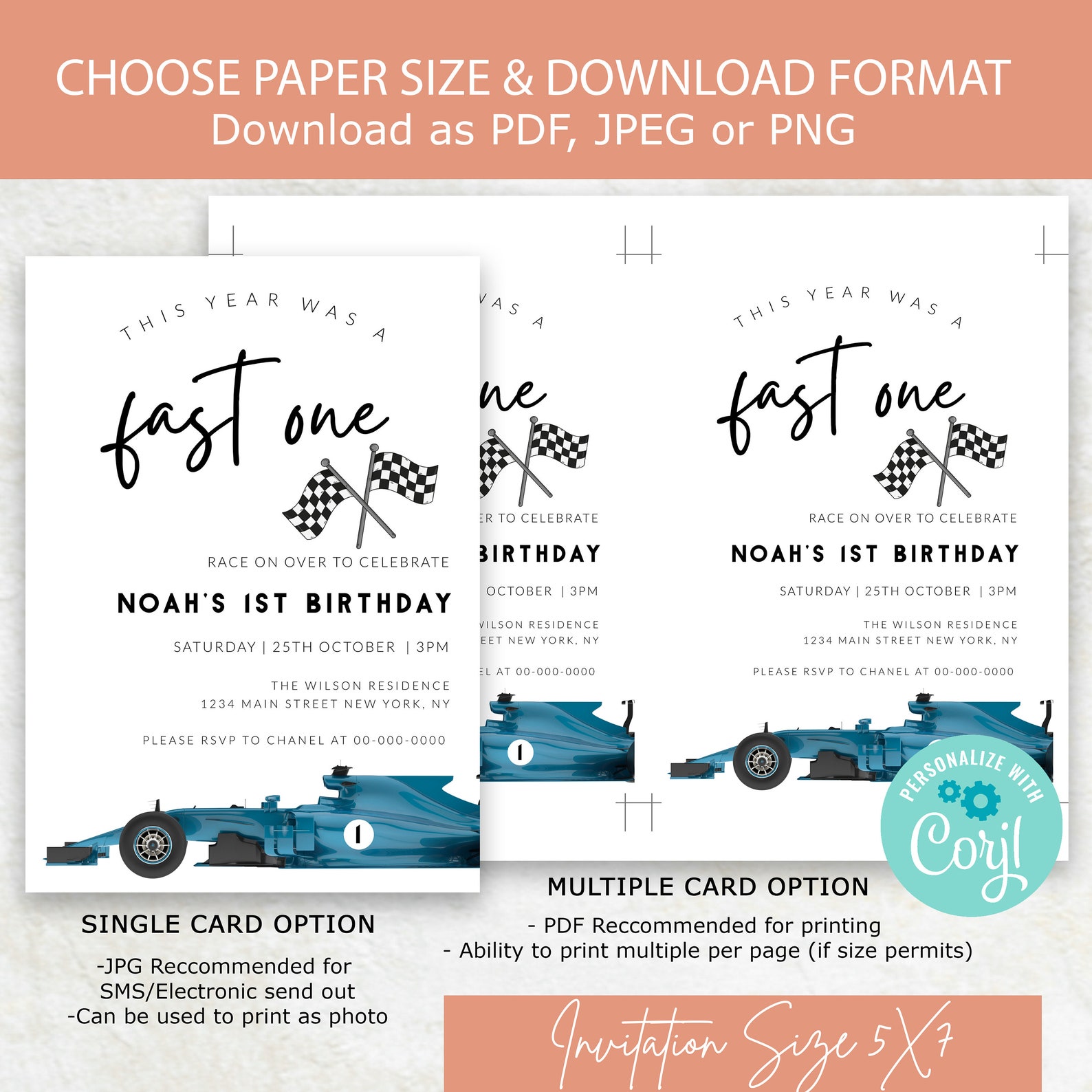 Race Car Birthday Invitation, Fast One Birthday, First Trip Around ...