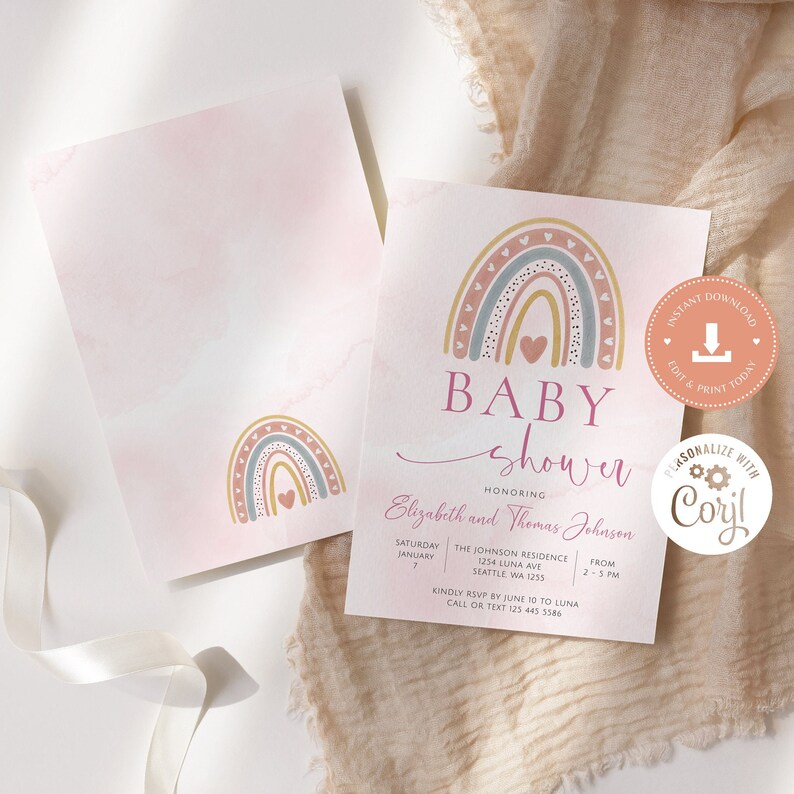 Rainbow Baby Shower Invitation Bundle, Boho Rainbow Baby Shower Invite ...