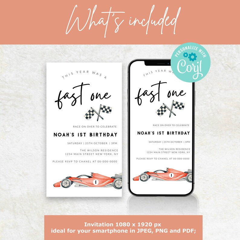 FAST ONE First Birthday Invitation, Race Car Invitation, Race Car 1st ...